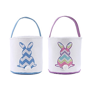 Cootato 2 Pack Easter Bunny Basket Bags for Kids, Stripe Rabbit Pattern Egg Basket Hunt Bags Personalized Canvas Cotton Bucket with Fluffy Tail for Easter Eggs, Candy, Gift (Multi-Stripe, Blue)