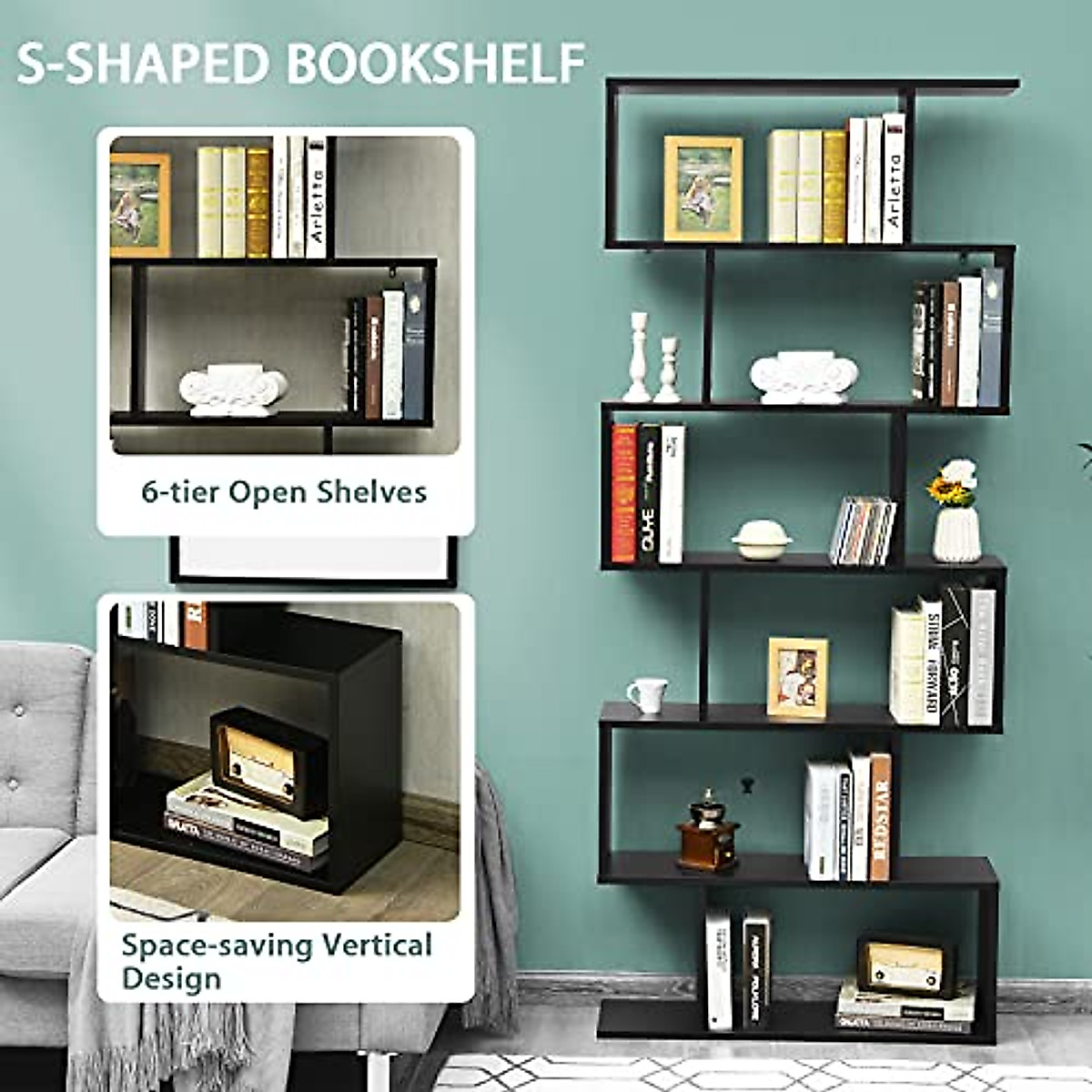 SILKYDRY 6 Tiered Geometric Bookcase, Unique S-Shaped Bookshelf, Tall Standing Room Divider Bookcases, Versatile Decorative Display Shelf for Bedroom Living Room Home Office (1, Black)