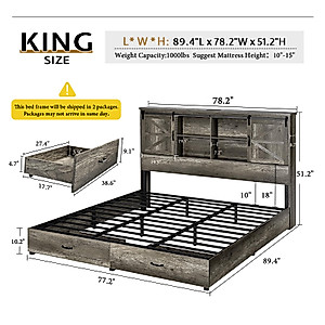 VanAcc King Size Bed Frame, Wooden Platform Storage Bed with 51.2" Bookcase Headboard, 2 Drawers, Charging Station/No Box Spring Needed/Noise Free(Rustic Grey)