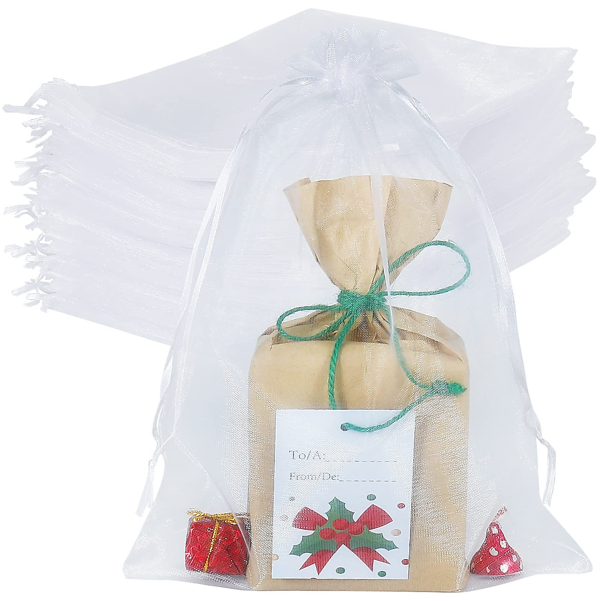 HRX Package 100pcs Large Organza Bags White, 8 x 12 inch Mesh Gift Drawstring Pouches Goodie Bags for Christmas Shower Party Favors Samples