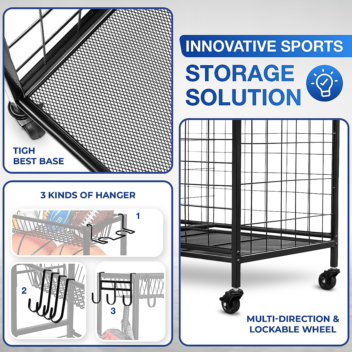 Yes4All Garage Sports Equipment Organizer, Garage Ball Storage, Rolling Ball Storage for Indoor/Outdoor Use, Steel, Black