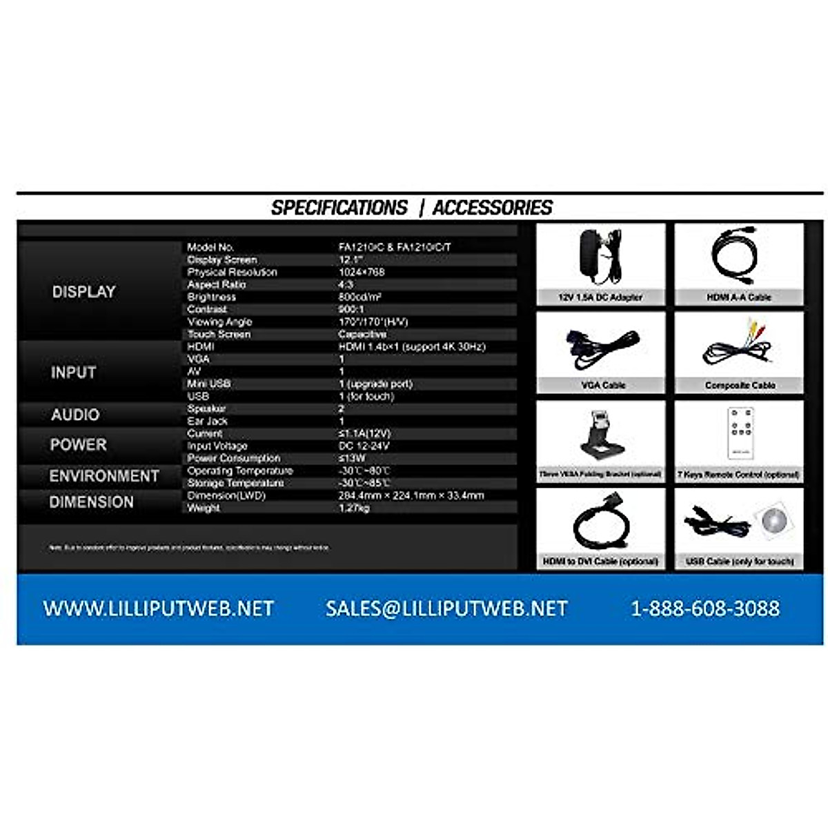 LILLIPUT 12.1" FA1210/C/T Industrial Capacitive Touch Screen 4:3 1024×768 Native 800 cd/m² 900:1 Contrast, 170° Wide Viewing Angles