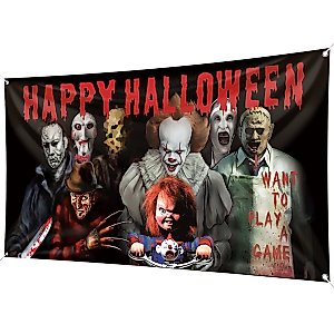 Horror Movie Classic Character Backdrop Banner, 78 × 43inch Halloween Party Background Large Backdrops Classic Movie Chainsaw Clown Horror Movie Supplies for Indoor Outdoor Photo Booth Props