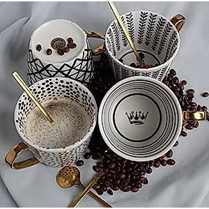 Monarca Set of 4 Mugs with Gold Tea Spoons, Ceramic with Real Gold Plated Handle, Aesthetic, Hand Painted 12 oz Elegance Colors Black, White and Gold