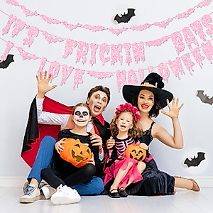 Pink Halloween Decorations It's Frickin Bats I Love Banner Halloween Bats Hanging Garland Bunting Halloween Fireplace Mantle Glitter Pink Bats for Pink Halloween Party Decorations