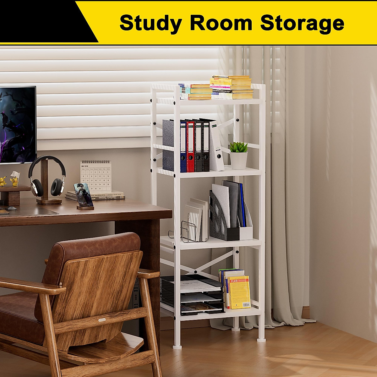 GIOTORENT 4 Tier Book Shelf, Small Bookshelf Storage Organizer, Tall Narrow Bookcase with Storage Shelves, Wooden Industrial Office Shelves for Bedroom, Living Room, White