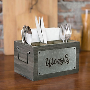 MyGift 4 Compartments Vintage Gray Wood Flatware Organizer and Napkin Holder Caddy with Rustic Metal Handles and UTENSILS Design Galvanized Panel for Kitchen Counter, Dining Room Table, Buffet Server