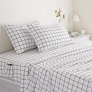 Amazon Basics Soft Microfiber 4-Piece Bed Sheet Set with Elastic Side Pockets, Full, Black Grid, Geometric
