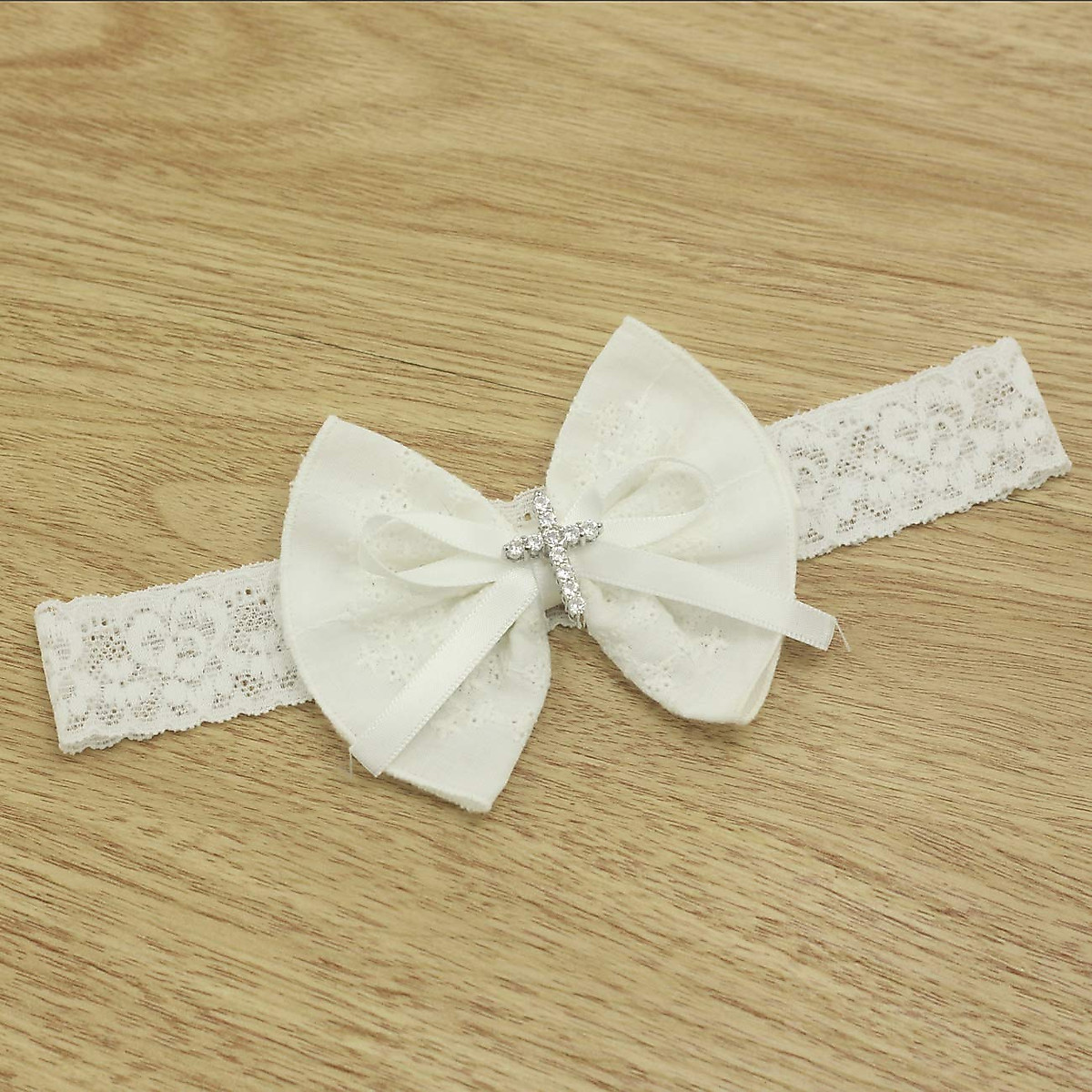 White Baby Bow Headband for Baptism Christening Satin Lace Hair Band with Cross for Toddler (A-off white bow headband, 6 months-2 years old)