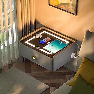 HOMEMORE Smart Nightstand Floating Bedside Table LED Nightstand with Charging Floating Nightstand Bedroom Options for Young People.Grey
