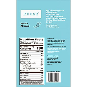 RXBAR Protein Bars, Protein Snack, Snack Bars, Vanilla Almond, 22oz Box (12 Bars)