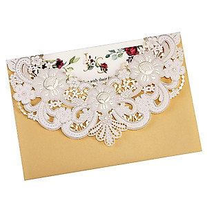 DORIS HOME 50pcs Gold BLANK Laser Cut Flora Lace invitation Cards with Envelopes for Wedding Invitations, Bridal Shower, Engagement, Birthday, Bachelorette Party, Baby Shower
