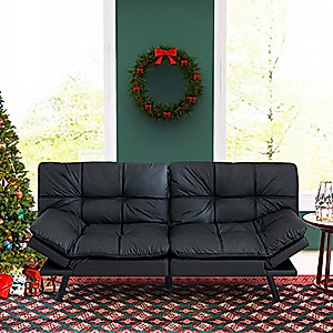 Vyfipt Futon Bed/Couch,Black Faux Leather Memory Foam Small Splitback Convert Backrests&Armrests,Easy to Clean Sofas, 71x33x31.5IN