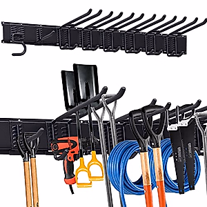 Garage Tool Storage Rack, 48 Inch Adjustable Garage Organizer Wall Mounted 11 PCS Garage Storage with 8 Hooks, Super Heavy Duty Garden Tool Hanger for Shovels, Rake Shovel Yard Tools，Hold Up to 450lbs