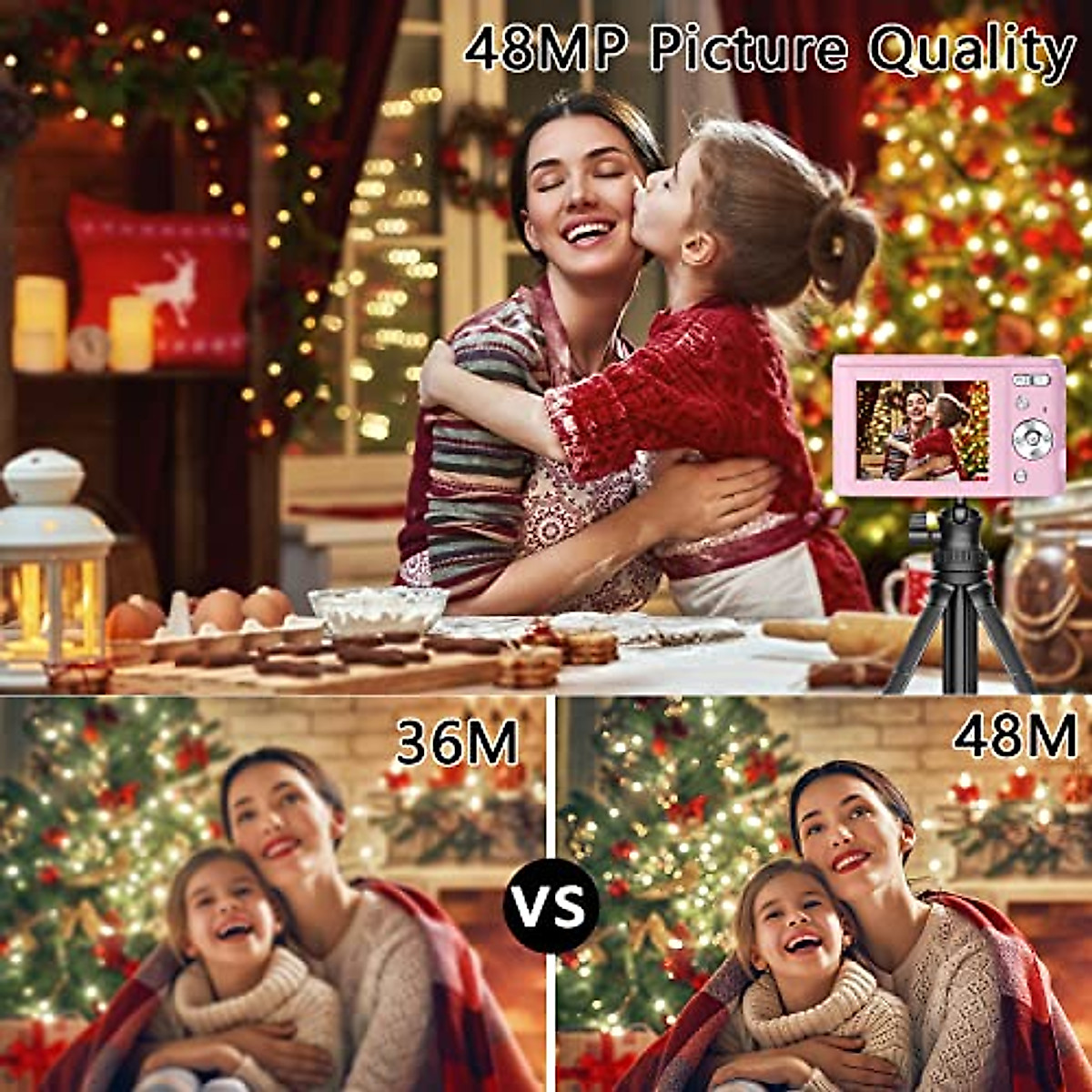 Digital Camera, FHD 48.0 MP Vlogging Camera Mini Camera Kids Camera Video Camera Pocket Camera with 32GB TF Card Autofocus 16X Digital Zoom, Compact Portable Camera for Kids Students Teenager-Pink