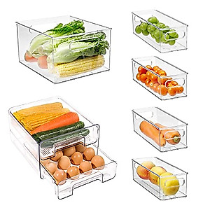 elabo 32 Grid Large Capacity Egg Holder for Refrigerator, Double Layer Drawer Type, Multi-Function Refrigerator Organizer Bins, Clear Plastic BPA Free, with Removable Egg Tray and Drain Tray