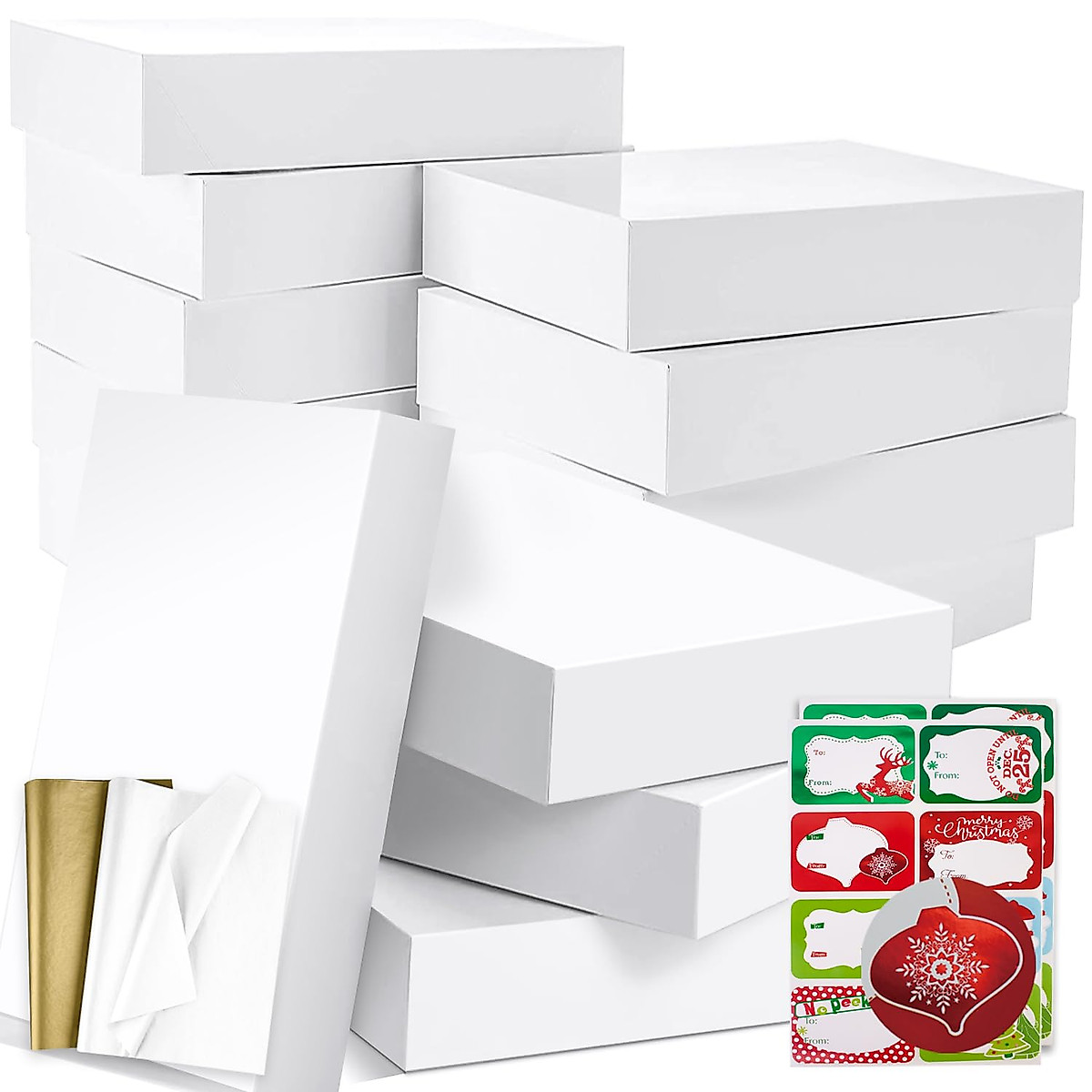 12 White Large Gift Wrap Boxes Bulik with Lids,12 Tissue paper and 80 Count Foil Christmas Tag Stickers for Wrapping x-large Clothes (Shirts, Robes, Coats, Sweaters, Jackets) and Presents