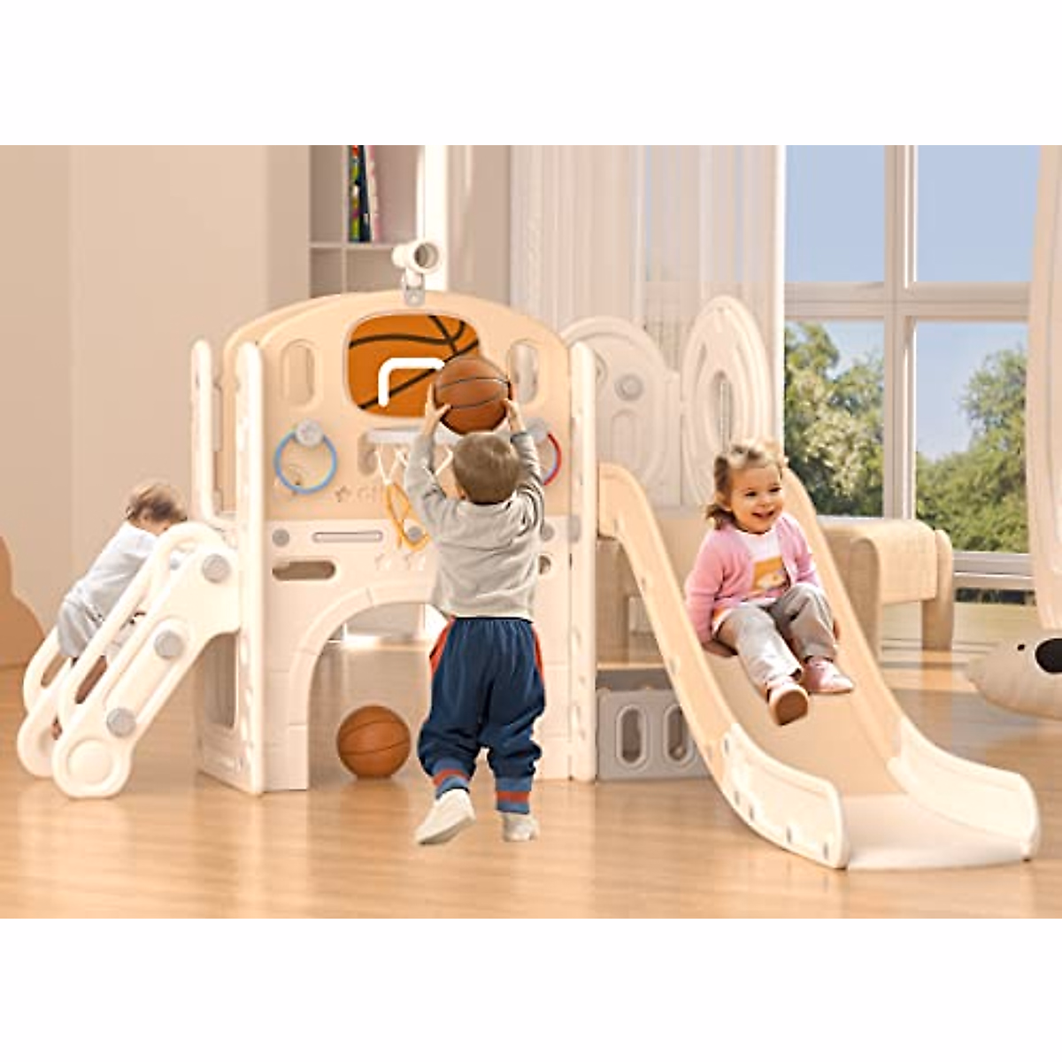 XJD 8 in 1 Toddler Slide, Kids Slide for Toddlers Age 1-3, Toddler Play Climber Slide Playset with Basketball Hoop and Ball,Toddlers Outdoor Indoor Playground (Beige Coffee)