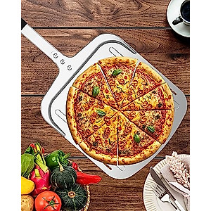 Perforated Pizza Peel 12-inch, Hard Anodized Aluminum Metal Pizza Spatula Paddle (12'' x 13.7''), Pizza Turning Peel, with Long and Heat Resistant Silicone Handle, Pizza Oven Accessories