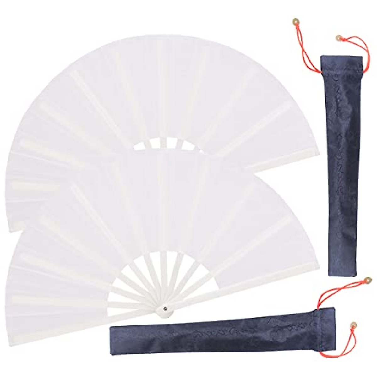 HONSHEN 2 Pack Large Folding Hand Fan,White Chinese Kung Fu Tai Chi Fan Nylon-Cloth Fan for Men and Women Performance, Dance, Decorations, Festival, Gift (Folding Fan White+case 2p)