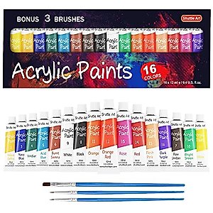Shuttle Art Acrylic Paint Set, 16 x12ml Tubes Artist Quality Non Toxic Rich Pigments Colors Great for Kids Adults Professional Painting on Canvas Wood Clay Fabric Ceramic Crafts