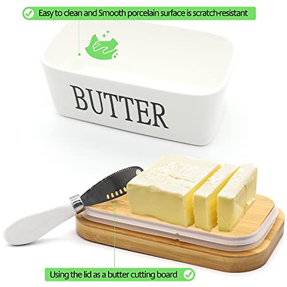 Lovelyduo Large Butter Dish with Lid for Countertop Ceramics Butter Keeper Container with Knife High-quality Double Silicone for Kitchen, Farmhouse, Fridge, Gift Rectangle White