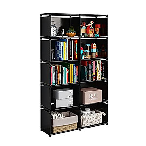 JIUYOTREE 6-Tiers Portable Bookshelf with Fabric Cloth at Back, 10 Cube Closet Storage Organizer Bookcase, Living Room,Study Room,Bedroom, Black