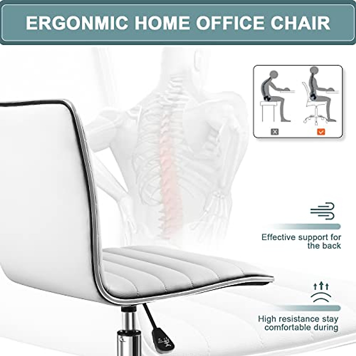 OFIKA Office Desk Chair, Adjustable Task Chair, Low Back Faux Leather Ribbed Swivel Chair, Armless Home Rolling Vanity Chair Retro with Wheels,