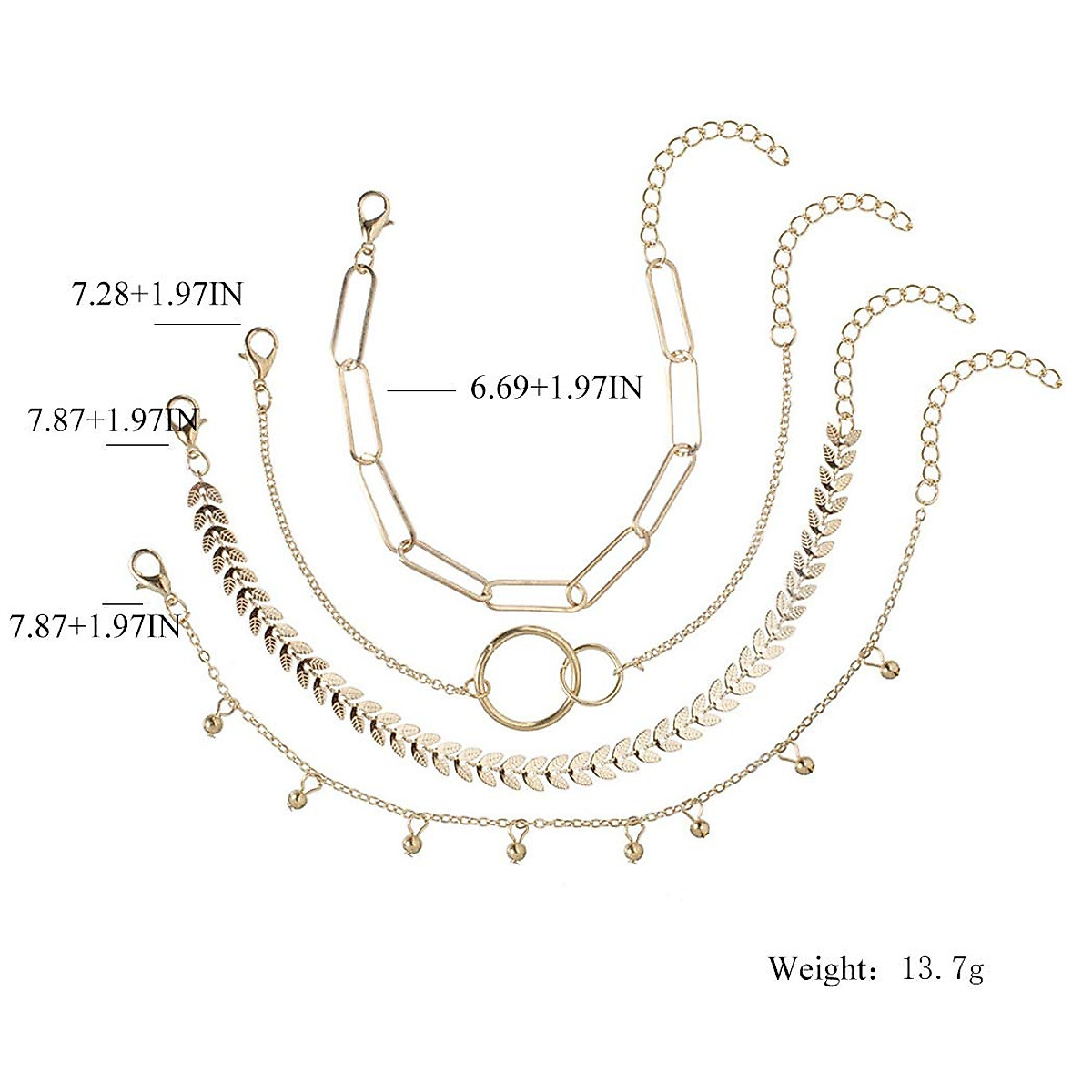 Sakytal Boho Stackable Circle Bracelet Set Gold Fish Bone Layered Beaded Paperclip Link Bracelet Chain Jewelry for Women(4PCS)