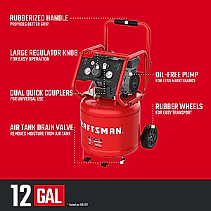 CRAFTSMAN Air Compressor 12 Gallon Ultra Quiet Oil-Free 1.5 HP Max 150 PSI Vertical Tank Portable Air Compressor