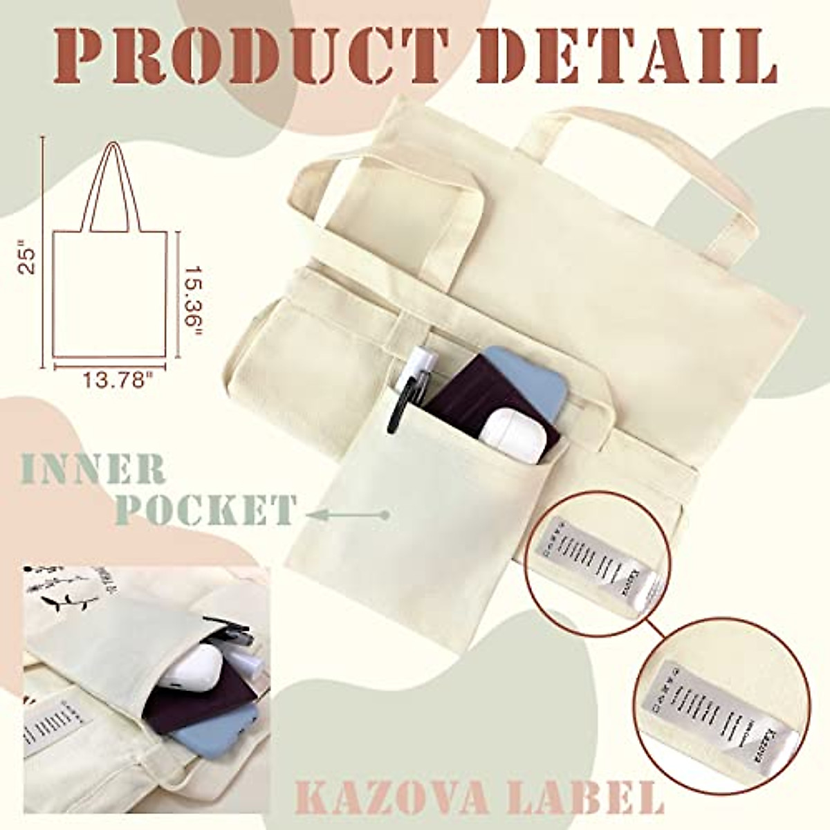 Kazova Cotton Canvas Bags Reusable Tote Bag Grocery Shopping Bag Minimalist Art Shoulder Bags Girls Bags Book Bag for Girls