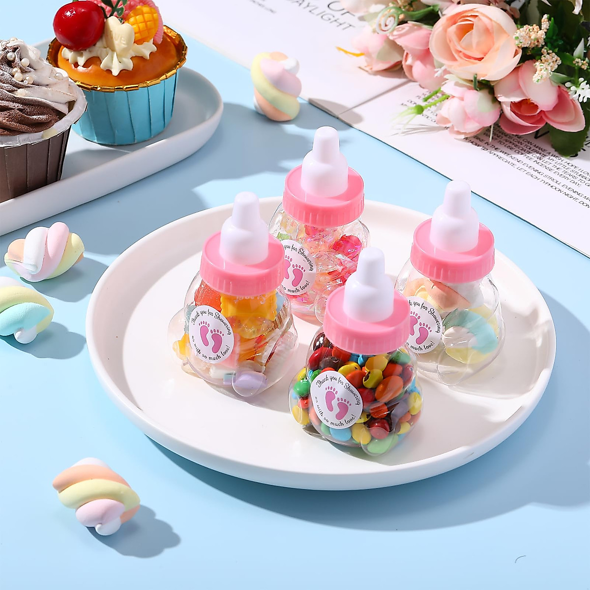 Threlaco 24 Pcs Baby Shower Candy Bottle Bear Candy Bottles 3.15 Inch Pink Shower Favor with Thank You for Showering Stickers Clear Plastic Milk Bottle Baby Shower Party Favor Gifts for Girl