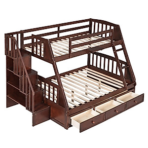 Bellemave Twin Over Full Bunk Bed with Stairs and Storage Drawers, Wood Bunk Bed Frame with Three Drawers and Shelves, Modern Detachable Bunked Frame for Kids Boys Girls Teens, Espresso