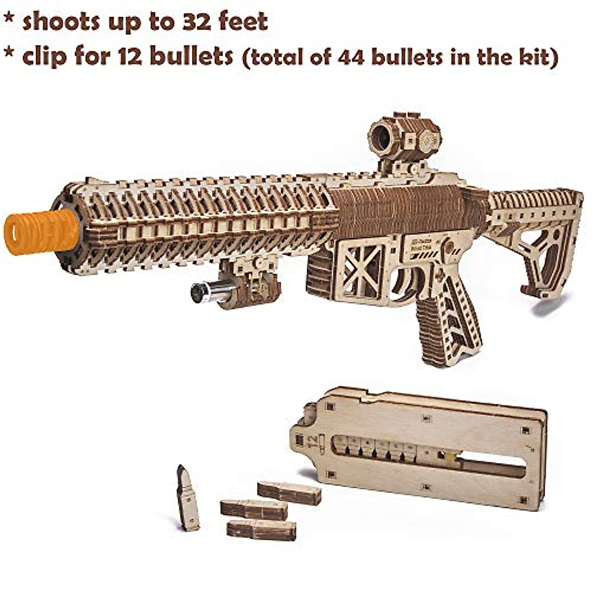 Wood Trick Assault Gun AR-T Model Kit for Adults and Teens to Build - with Telescoping Butt, Fuse, Sight and Clip for 12 Rounds - Detailed Construction - 23x8″ - 3D Wooden Puzzle - 14+