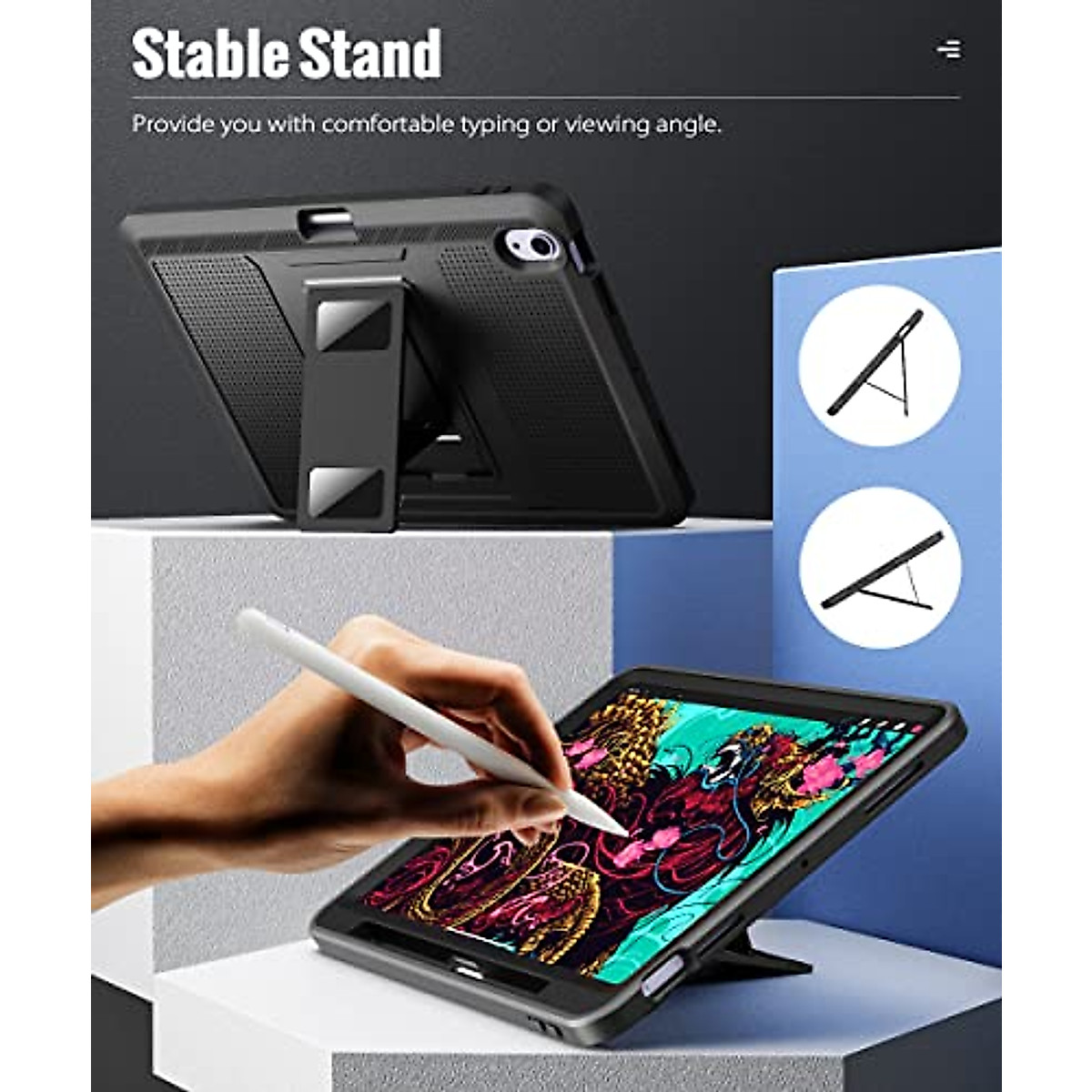 MoKo Case for iPad Air 5th Generation 2022/ iPad Air 4th Generation 2020 10.9 Inch with Pencil Holder, Kickstand, Built-in Screen Protector, Heavy Duty Shockproof Rugged Case for iPad Air 5/4,Black