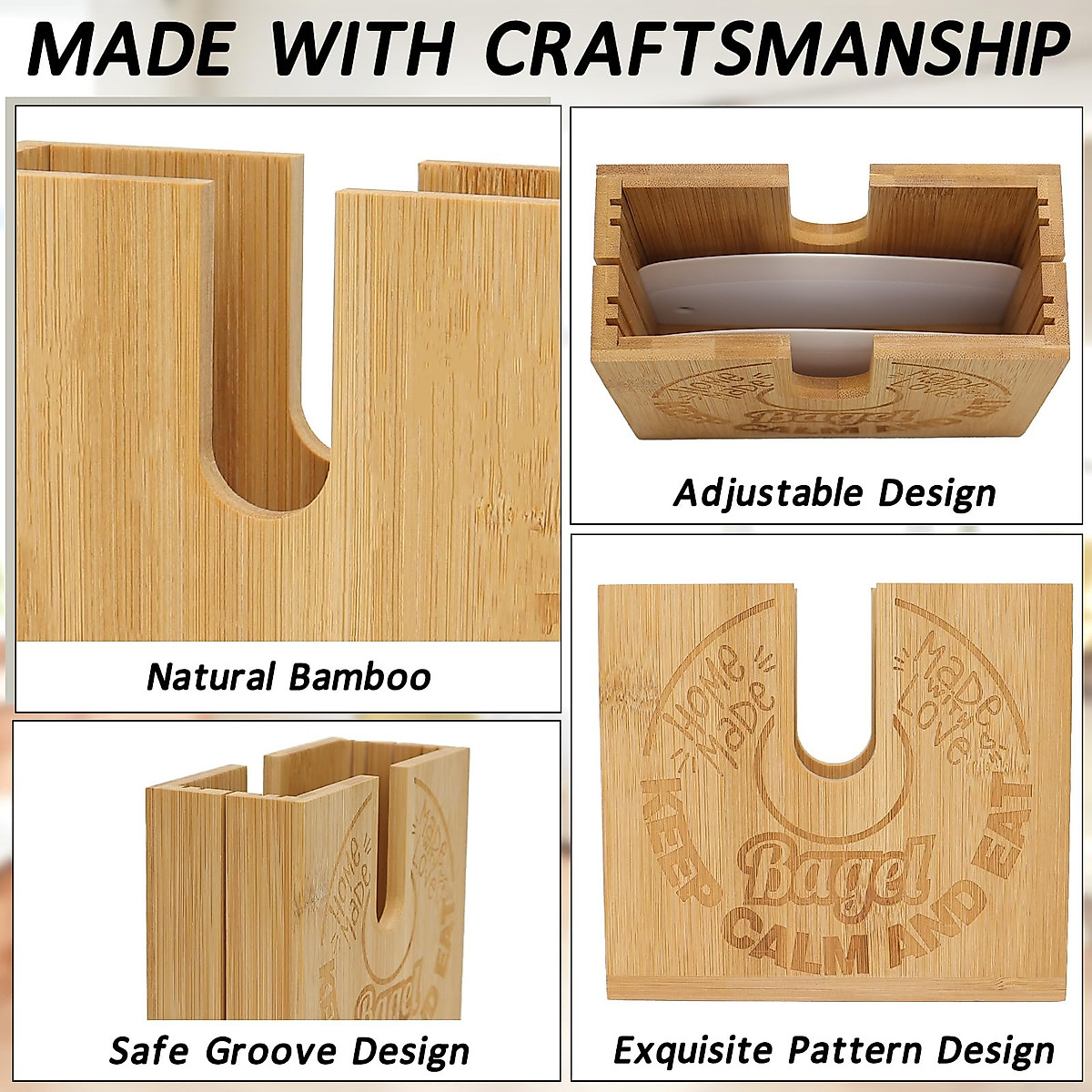 FunisFun Wood Bagel Cutter Slicer for Small and Large Bagels Adjustable Bamboo Bagel Holder with Silicon Hamburger Holder for Bread Slicing