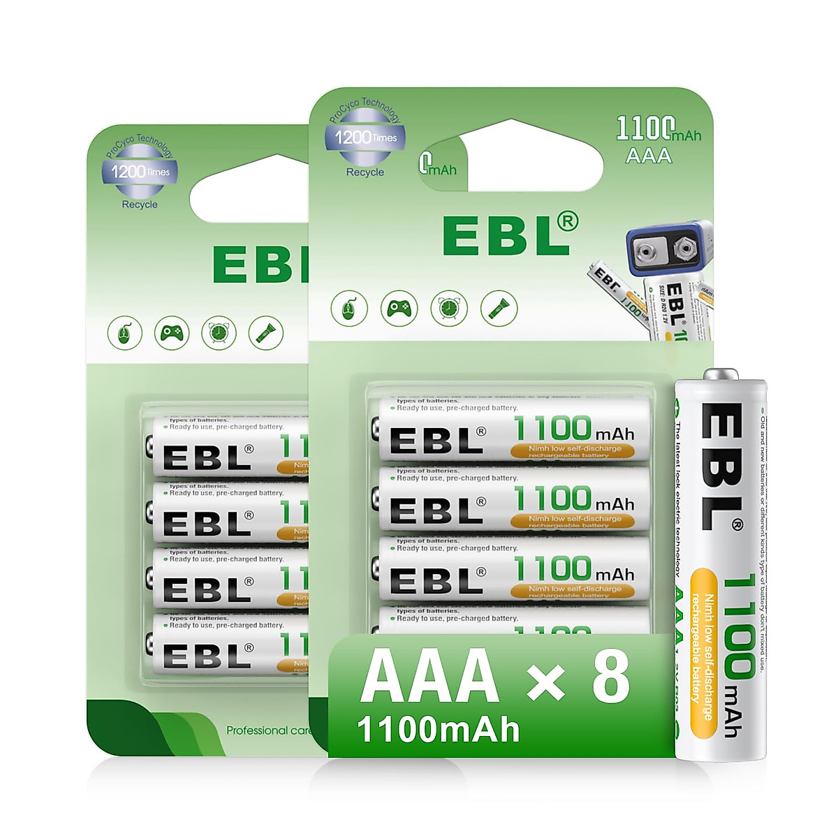 EBL Rechargeable AAA Batteries 1100mAh Ni-MH Triple A Batteries, Precharged Long Lasting AAA Battery - 8 Counts