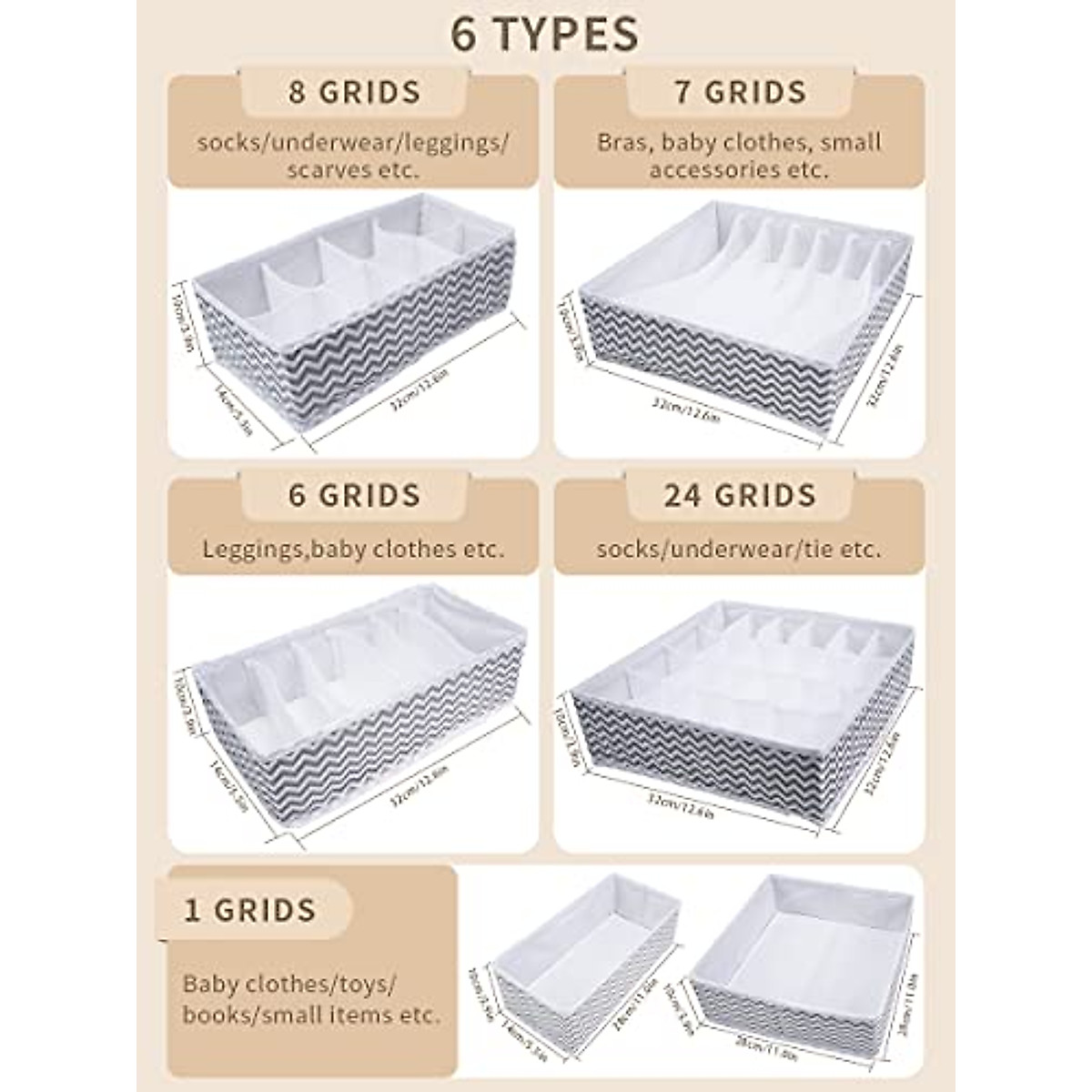 SandKing 6PACK Drawer Organizers Dividers, Clothes Wardrobe Organizer Bins Storage box with Cardboard for Sorting Baby Clothes, Underclothes, Scarf