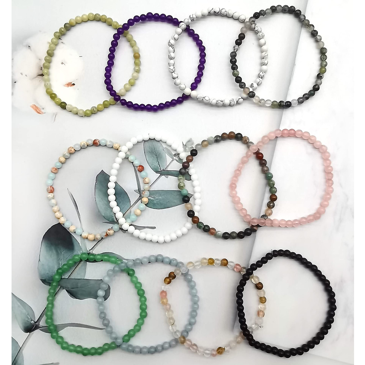 FIRAZIO 20Pcs 4mm Gemstone Beaded Bracelets for Women Mens Crystal Stone Bracelet Stretch Mini Round Beads Elastic Bracelets Jewelry Gifts