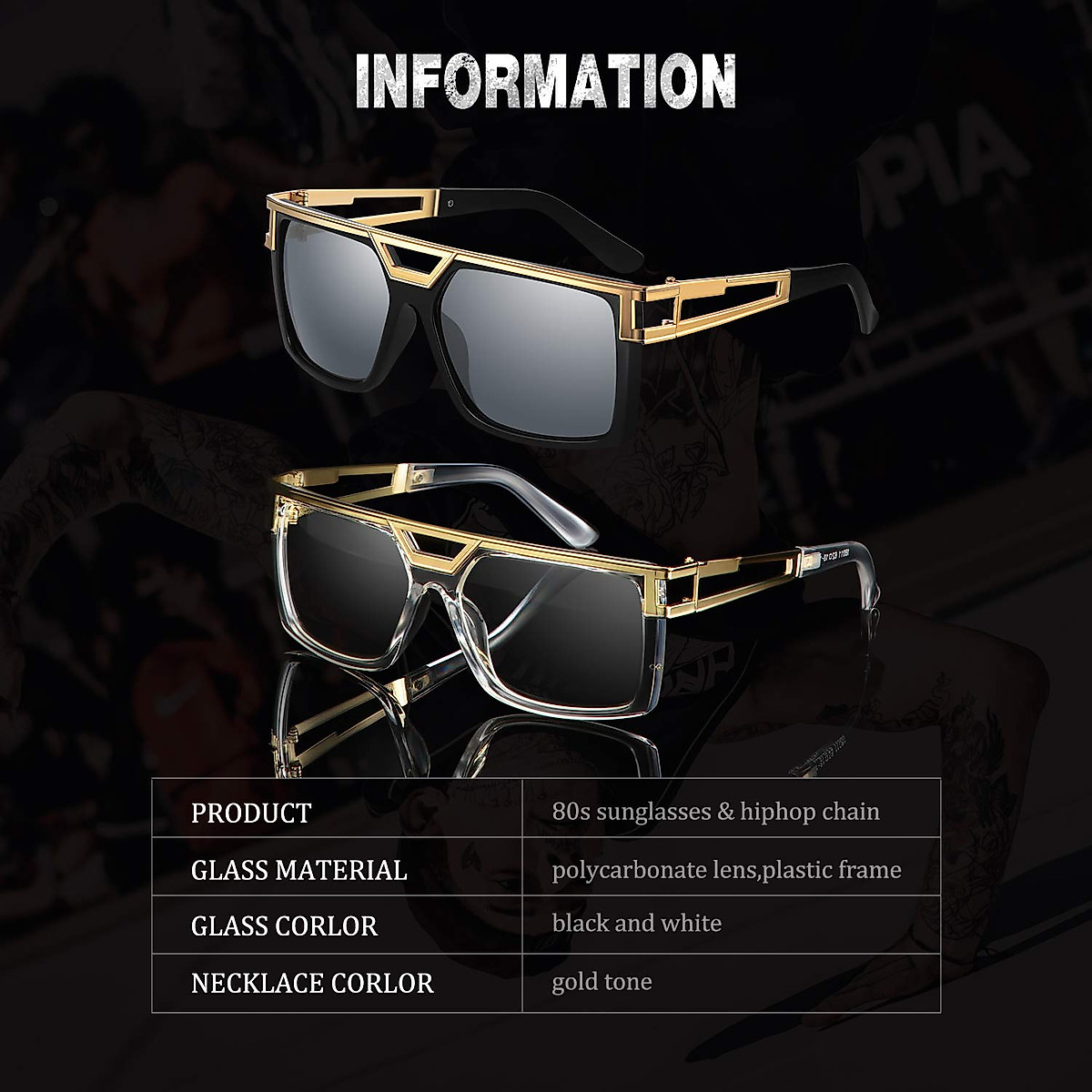 Hicarer 80s 90s Sunglasses Vintage Rapper DJ Hip Hop Glasses Retro Old School Glasses for Men Women (Black-Dark Grey, Clear)