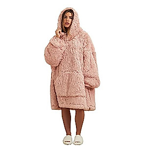 Sienna Fluffy Long Fibre Fleece Sherpa Lined Super Soft Hoodie Blanket Adults Oversized Giant Christmas Jumper Gift Throw - Blush Pink