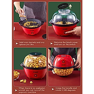 Popcorn Machine, 2-in-1 Automatic Stirring Hot Oil Popcorn Popper Maker & Grill Machine, Large Lid for Serving Bowl, 2 Measuring Spoons, Cleaning Brush, for Movie Night Kids Party Healthy Snacks