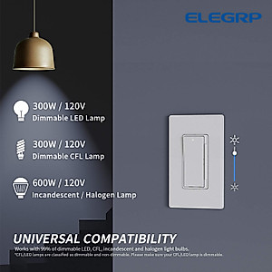 ELEGRP Digital Dimmer Light Switch for 300W Dimmable LED/CFL Lights and 600W Incandescent/Halogen, Single Pole/3-Way LED Slide Dimmer Light Switch, Wall Plate Included, UL Listed, 10 Pack, Matte White