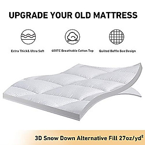 Atarashi 3 Inch Thick Mattress Topper Queen,400TC Pillow Top Mattress Topper,Soft Cotton Mattress Pad Cover,Breathable & Plush Down Alternative Fill,Fit to 8”-21” Mattress,White