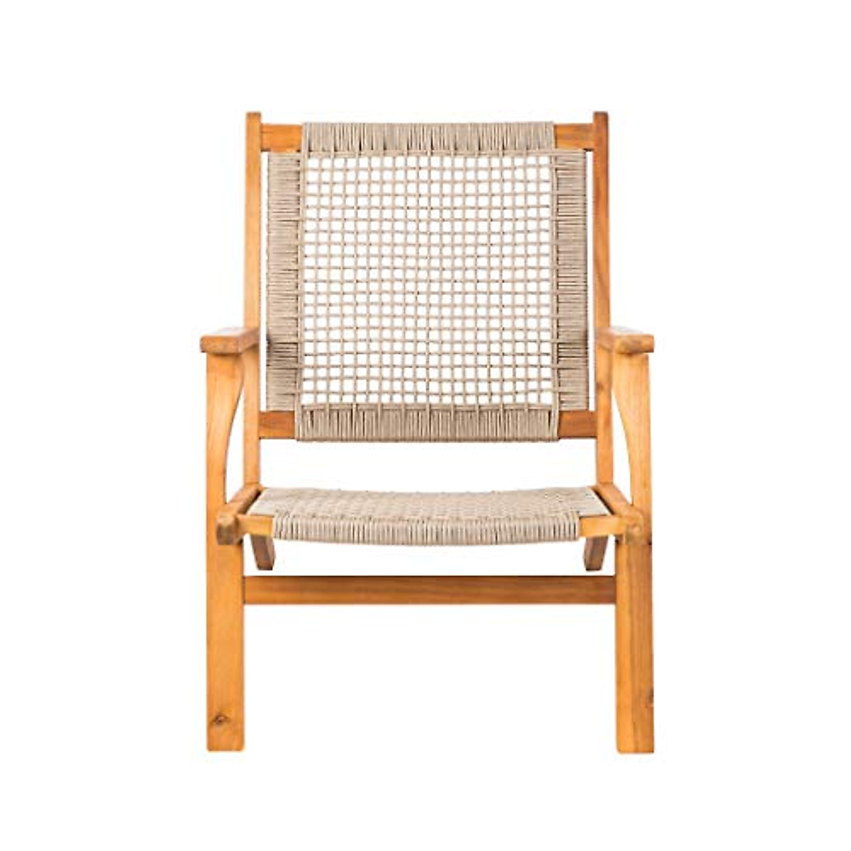 Patio Sense 62773 Vega Natural Stain Outdoor Chair Acacia Wood Construction Hand Woven Seat Mid Century Design Comfortable Reclining Armchair Patio Lawn Garden Backyard Deck - Ecru Cording