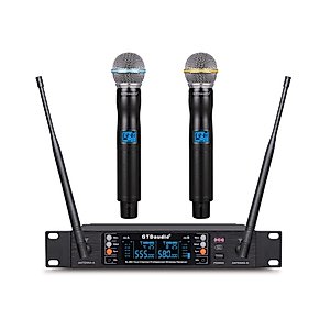 GTD Audio 2x100 Adjustable Channels UHF Wireless Microphone, Rang up to 400fts DJ Karaoke System w/Metal Mics (2 Hand Mics)