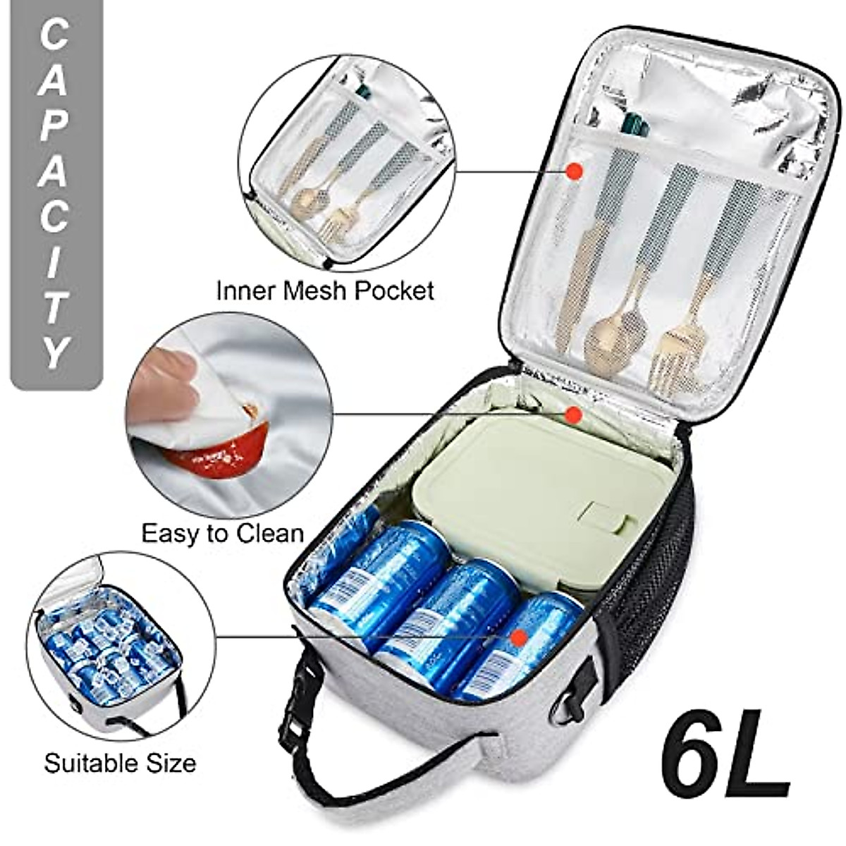 HSHRICH Lunch Box for Men Women, Insulated Reusable Portable Lunchbox - Adults Small Lunch Bag for Office Work Picnic (Grey)