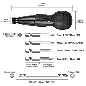 ERAVOR 3.6V Cordless Electric Screwdriver, Rechargeable Power Screwdrivers, Automatic Home Repair Tool with Non-slip handle & LED light, Includes 5pcs Bit, 1800mAh USB Rechargeable Battery - Black