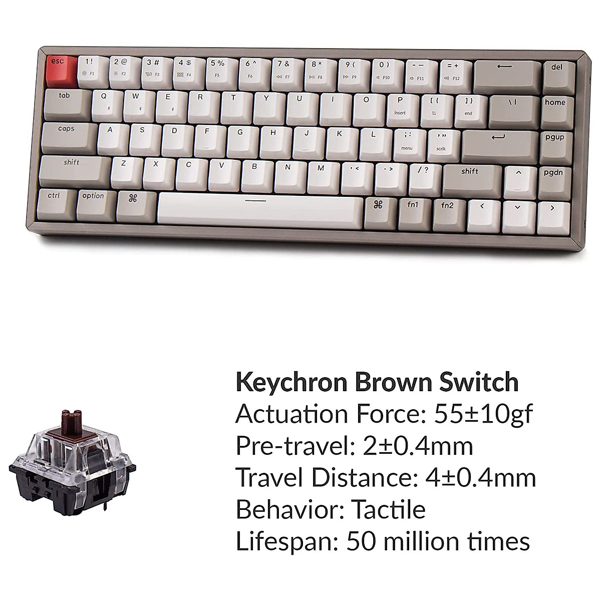 Keychron K6 65% Compact 68-Keys Aluminum Frame Wireless Mechanical Keyboard for Mac, Bluetooth, Multitasking, Wired Gaming Keyboard for Windows Non-Backlit with Keychron Brown Switch