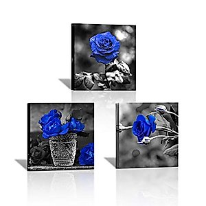 SkenoArt 3 Panels Blue Rose Canvas Wall Art Black and White Flowers Painting Royal Blue Floral Picture Ready to Hang for Bathroom Bedroom Kitchen Wall Decor 12"x16"x3PCS